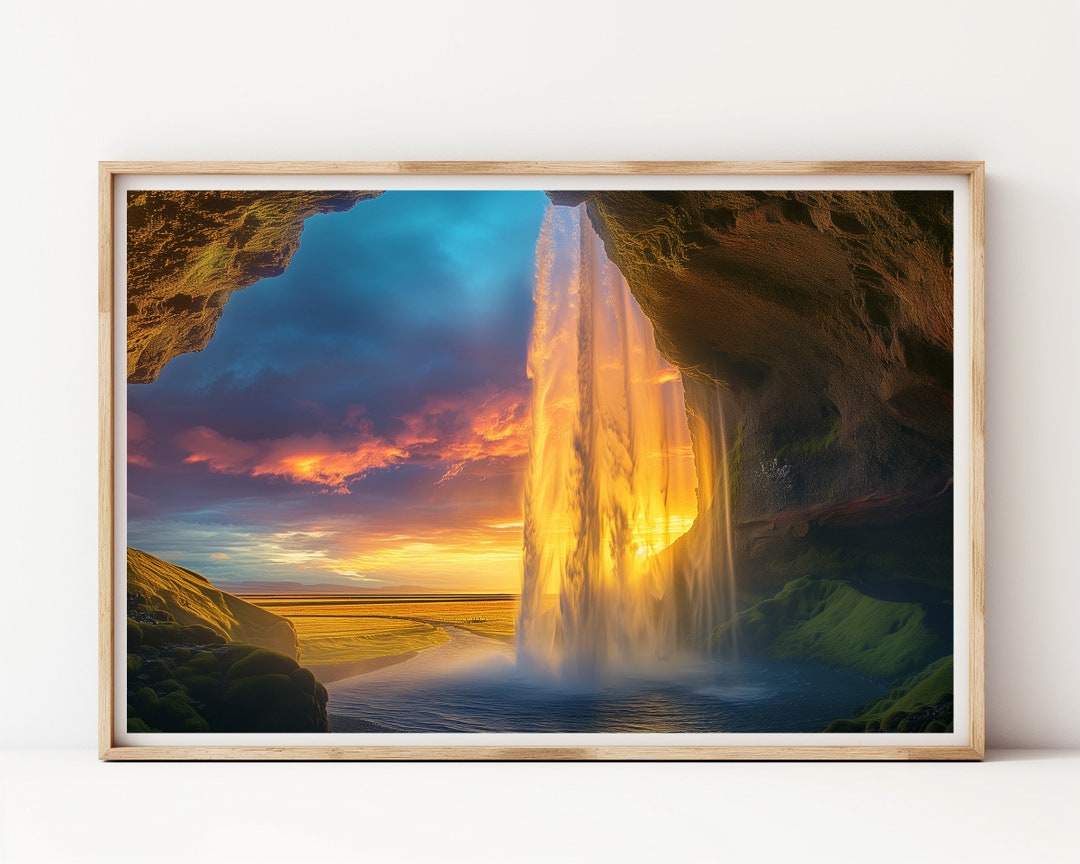 Rainbow Cave Waterfall Sunshine - Beautiful Waterfall Print for Home ...