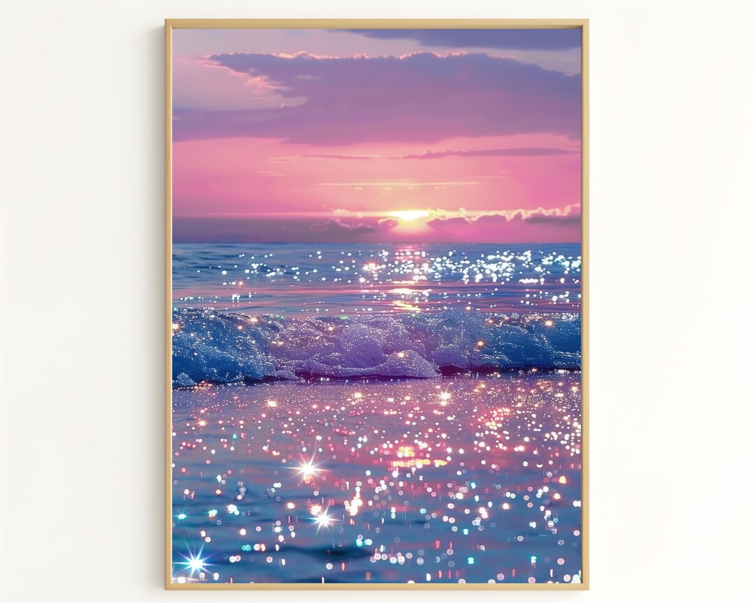 Beach Sunset Decor: Sparkling Sunset Artwork of Glittering Waves at ...