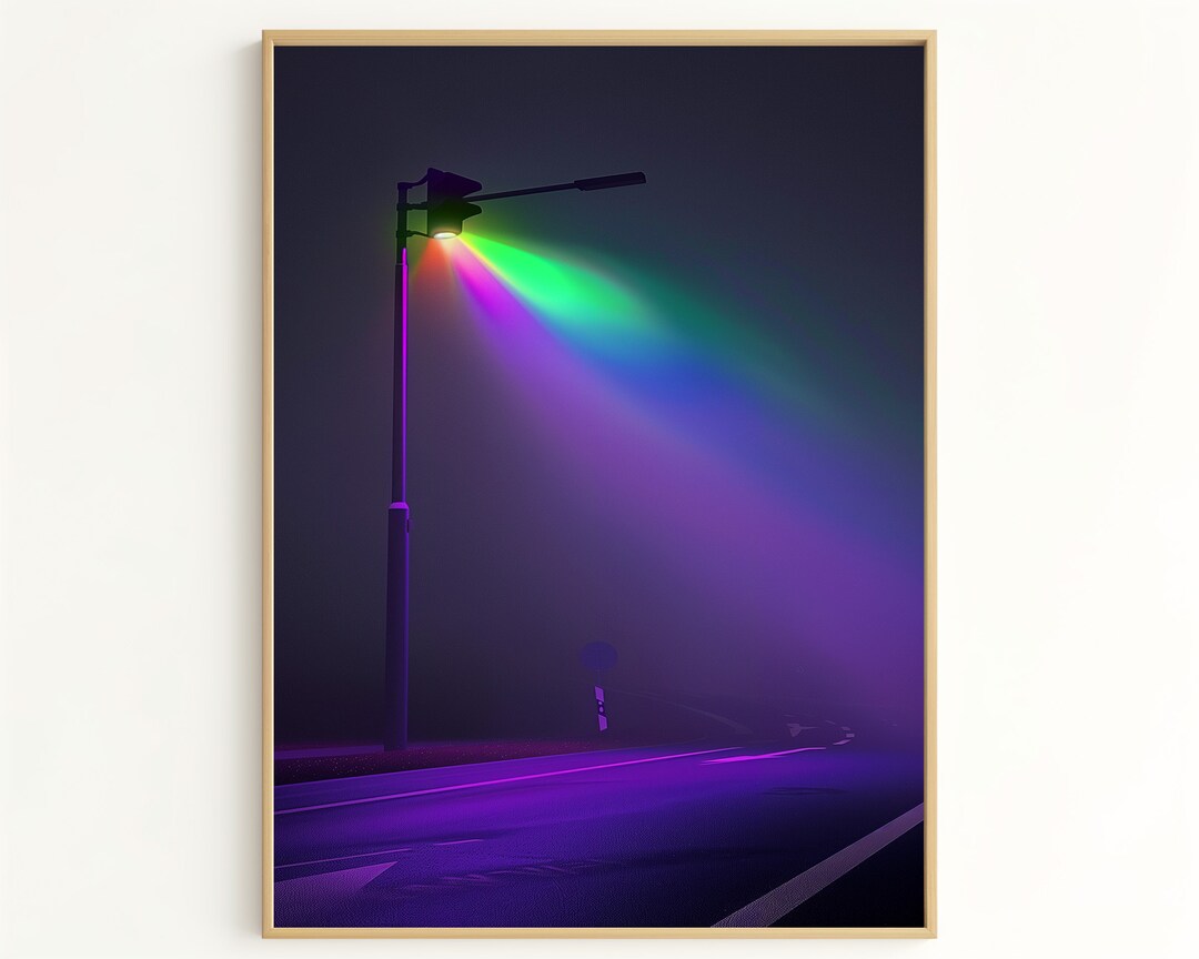 Urban Neon Art - Rainbow Street Lamp Art Print, Colorful Urban Night ...