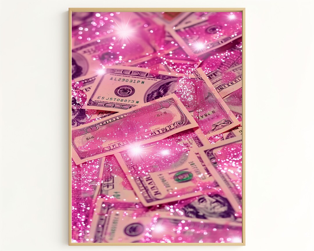 Wealth Wall Art: Glittering Pink Dollar Bills Art Print for Luxurious ...