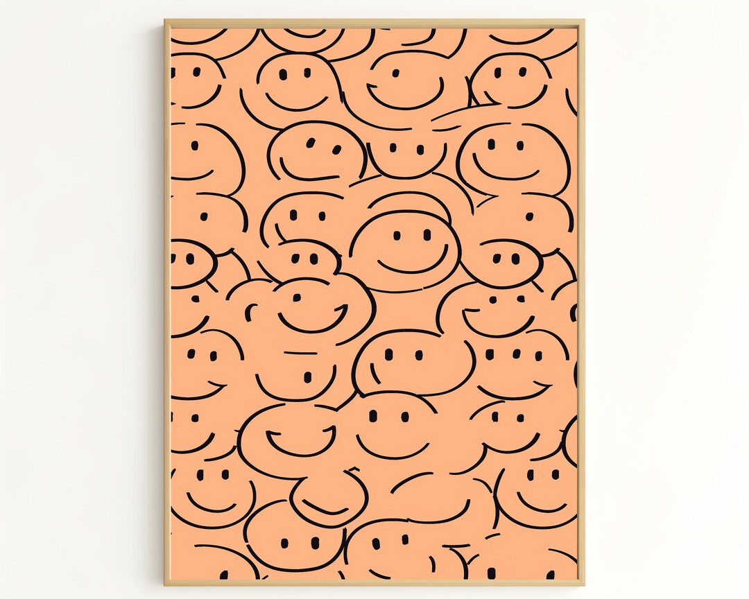 Minimalist Pattern Art - Smiley Face Pattern Print on Orange Background ...