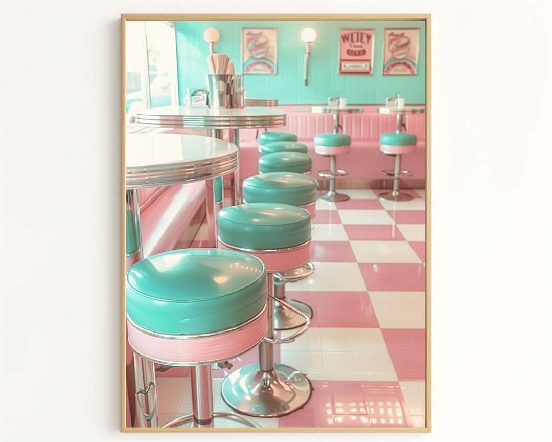 Retro Diner Art Print - Classic Pastel Interior Decor for Nostalgic ...