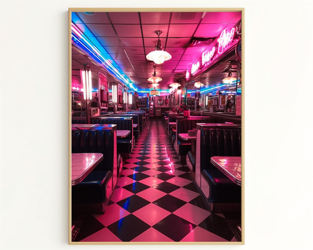 Retro Diner Art Print, Vibrant 1950s Neon Lights Scene, Nostalgic Decor ...