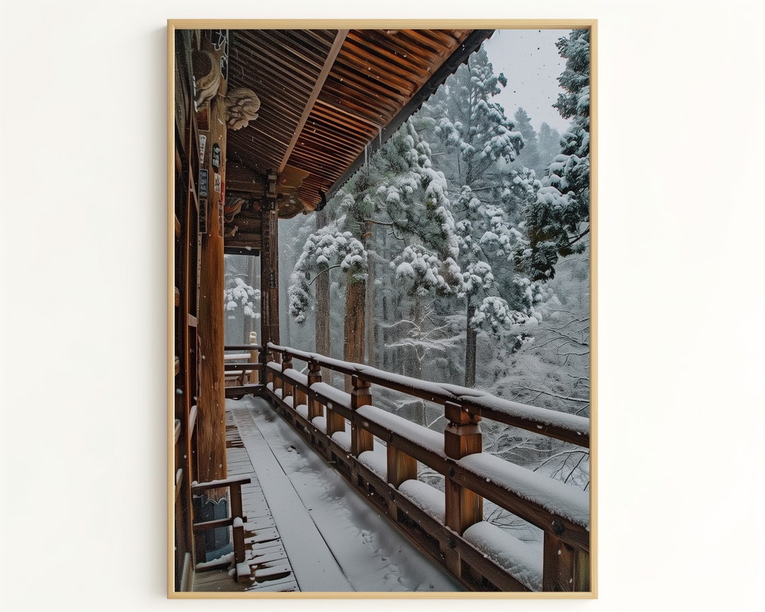 Snowy Landscape Art Print, Tranquil Snowy Porch With Scenic Forest View ...