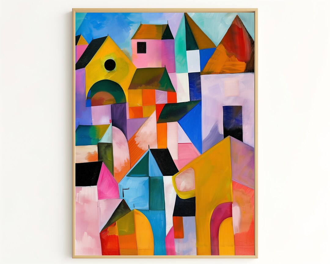 Modern Colorful Art Print, Vibrant Cubist Village Scene With Geometric ...