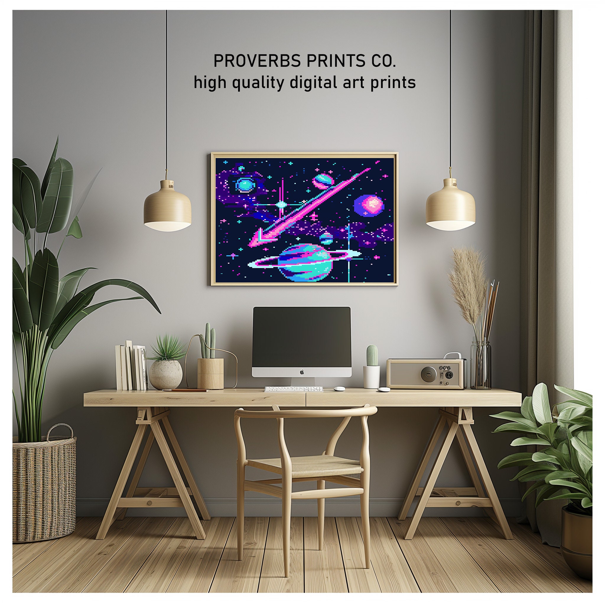 Retro Space Art, Pixel Art Space Scene Illustration With Neon Planets ...