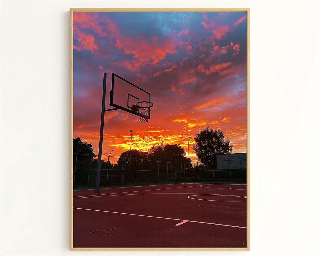 Outdoor Sports Print: Basketball Court at Sunset - Fiery Sky Over Hoops ...