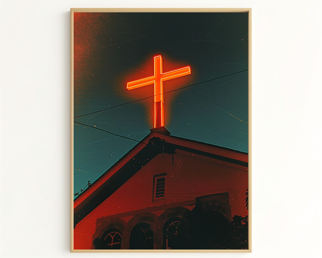 Modern Church Art - Neon Cross on Church Rooftop - Urban Night ...