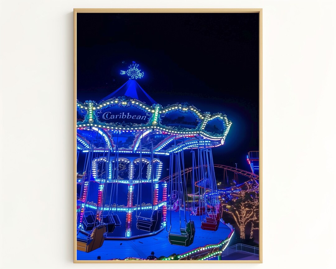 Carnival Ride Print - Neon Carousel at Night - Colorful Vintage Trail ...