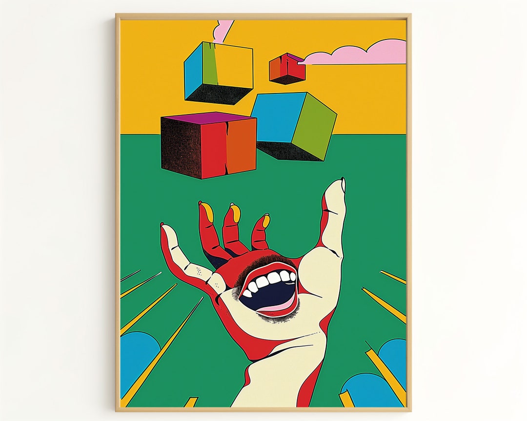 Weird Art Print, Vibrant Surreal Pop Art With Geometric Cubes and an ...
