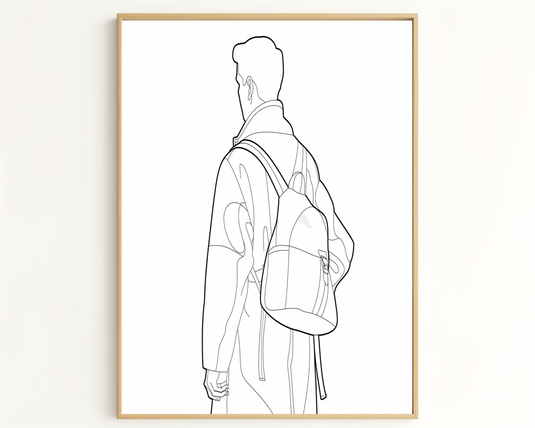 Outline Drawing of a Traveler Line Art Print, Minimalist Man With ...