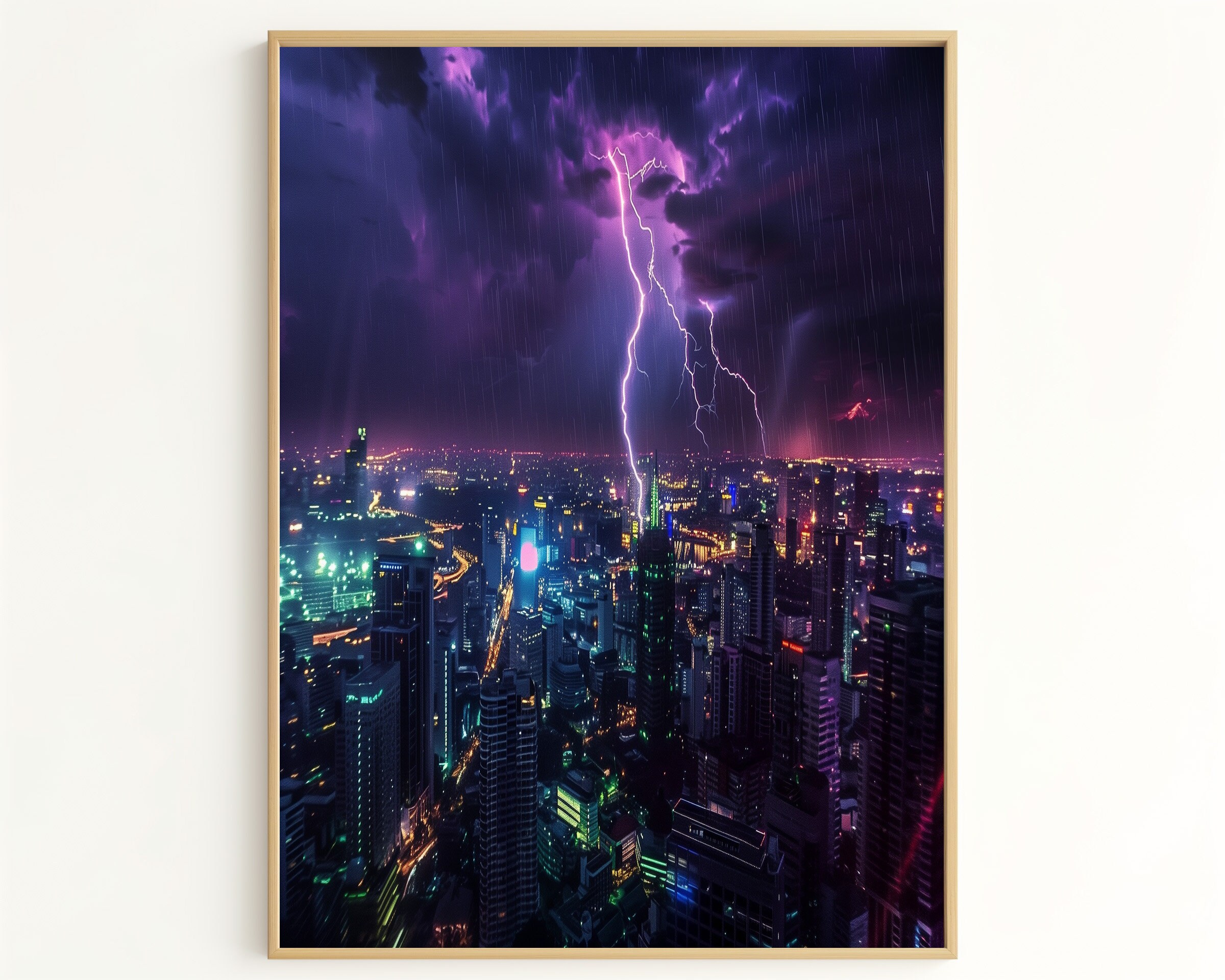Electric Skyline Lightning Storm Photo Print, Dynamic Urban Night Wall ...