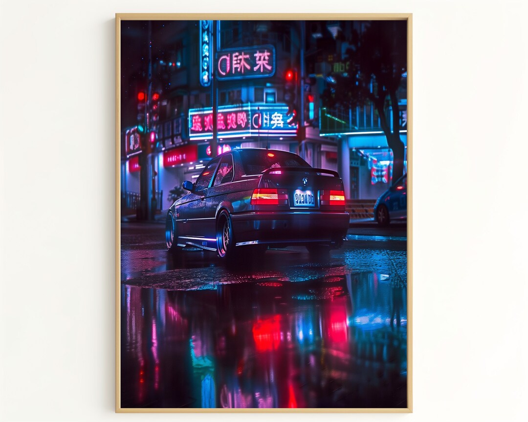 Neon Cityscape Art Print, BMW Neon Night Photography of Retro City ...