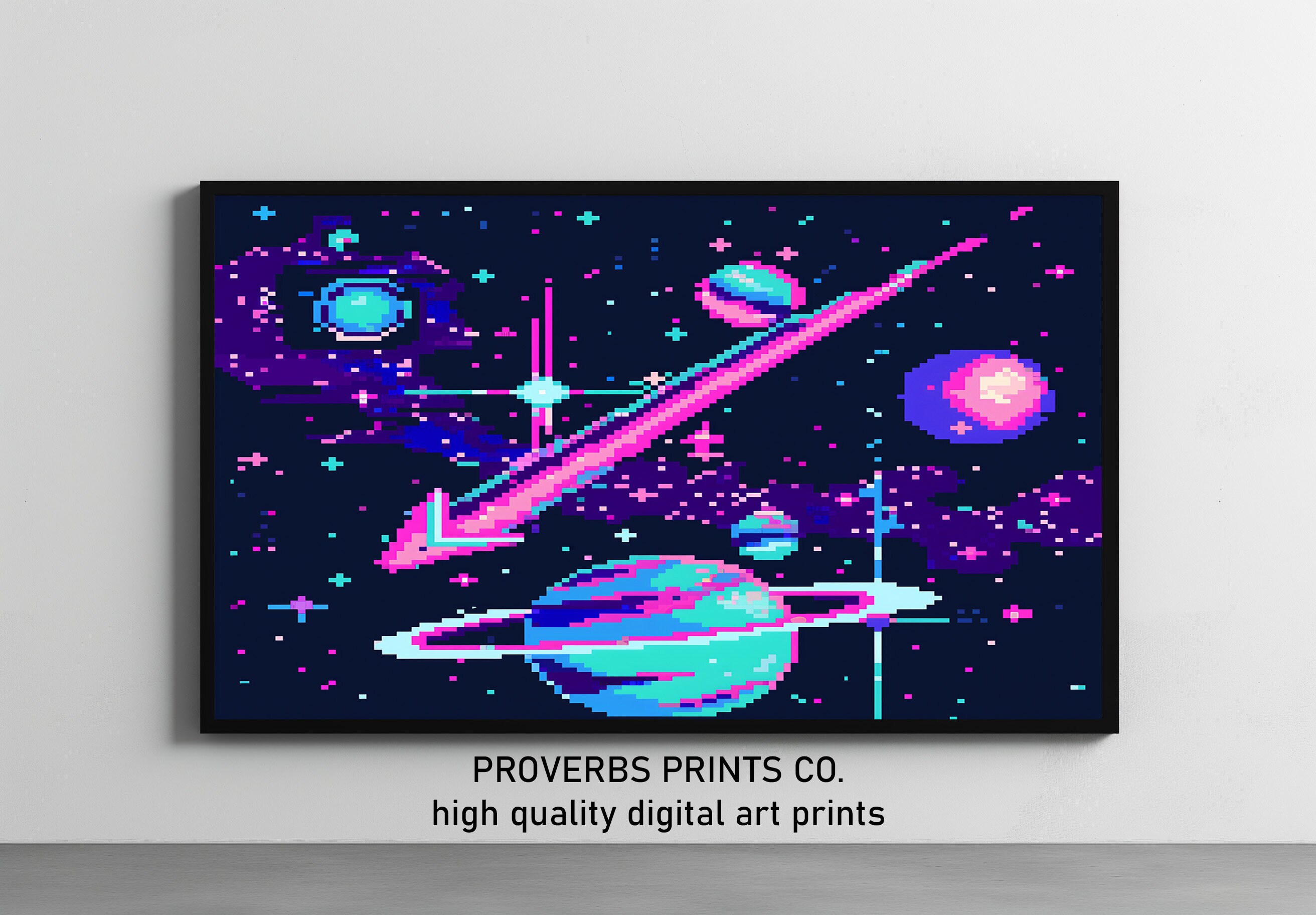 Retro Space Art, Pixel Art Space Scene Illustration With Neon Planets ...