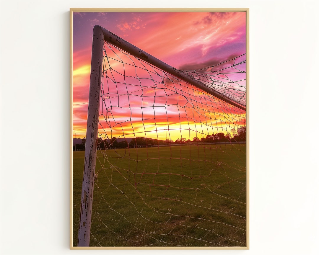 Soccer Field Print - Vibrant Sunset Over Goal With Pink and Orange Sky ...