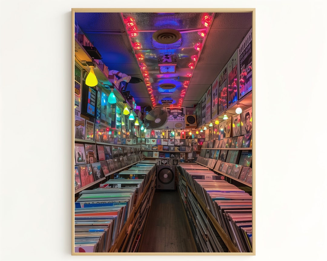 Vibrant Art: Vintage Record Store Poster, Neon Lit Vinyl Collection ...