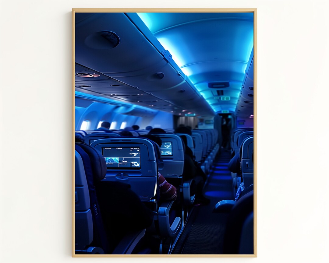 Blue Airplane Cabin Art Print, In-flight Ambiance of Illuminated Airplane Interior, Perfect ...