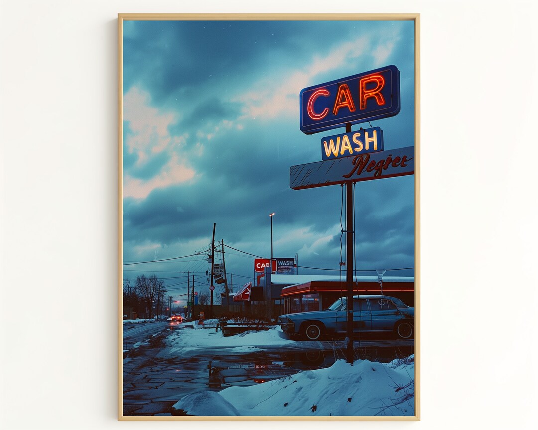 Retro Poster Winter Car Wash Art Print Neon Sign, Vintage Car Moody ...