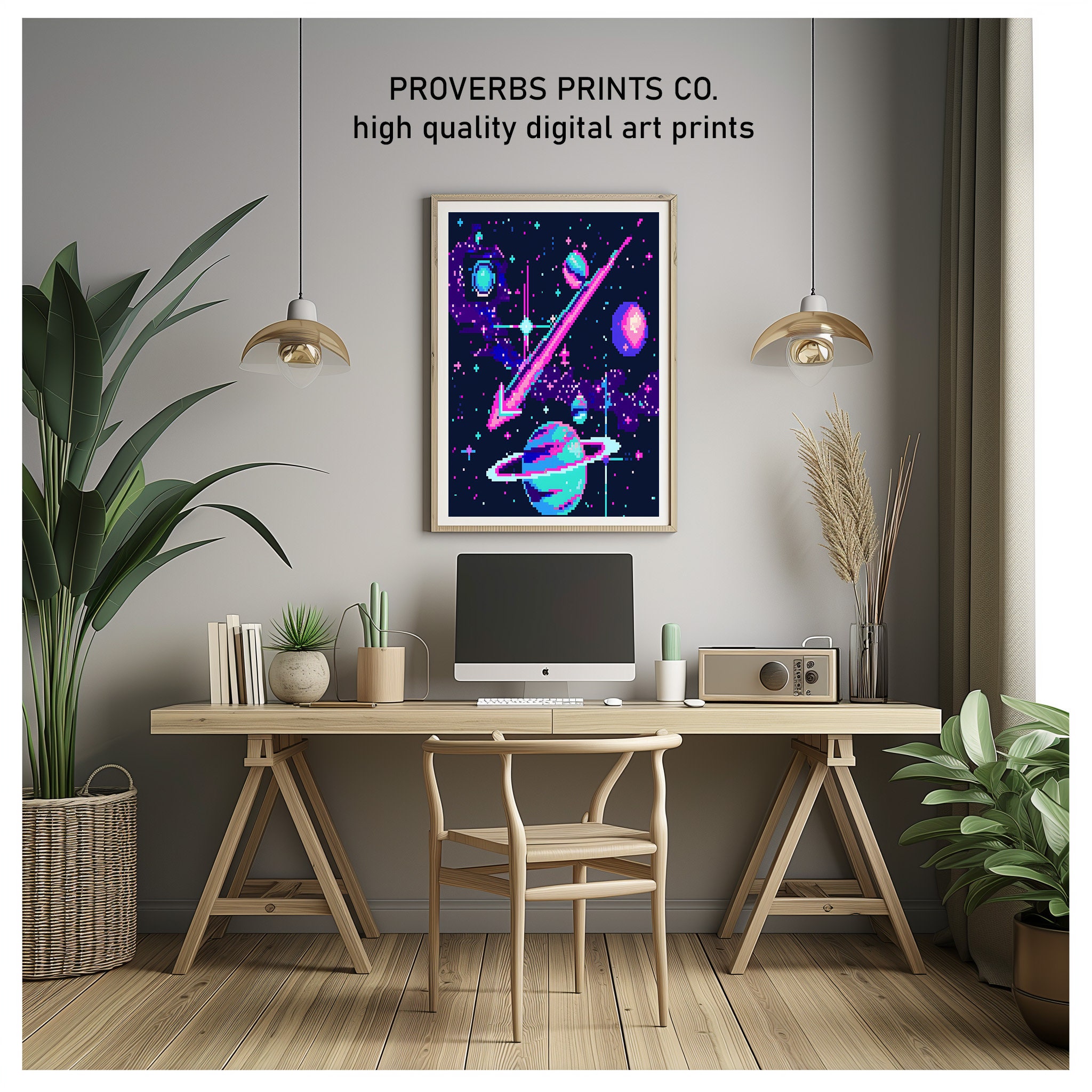 Retro Space Art, Pixel Art Space Scene Illustration With Neon Planets ...