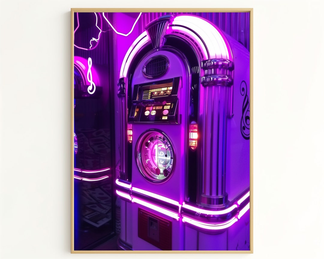 Vintage Neon Sign Print, Retro Neon Jukebox Artwork for a Nostalgic ...
