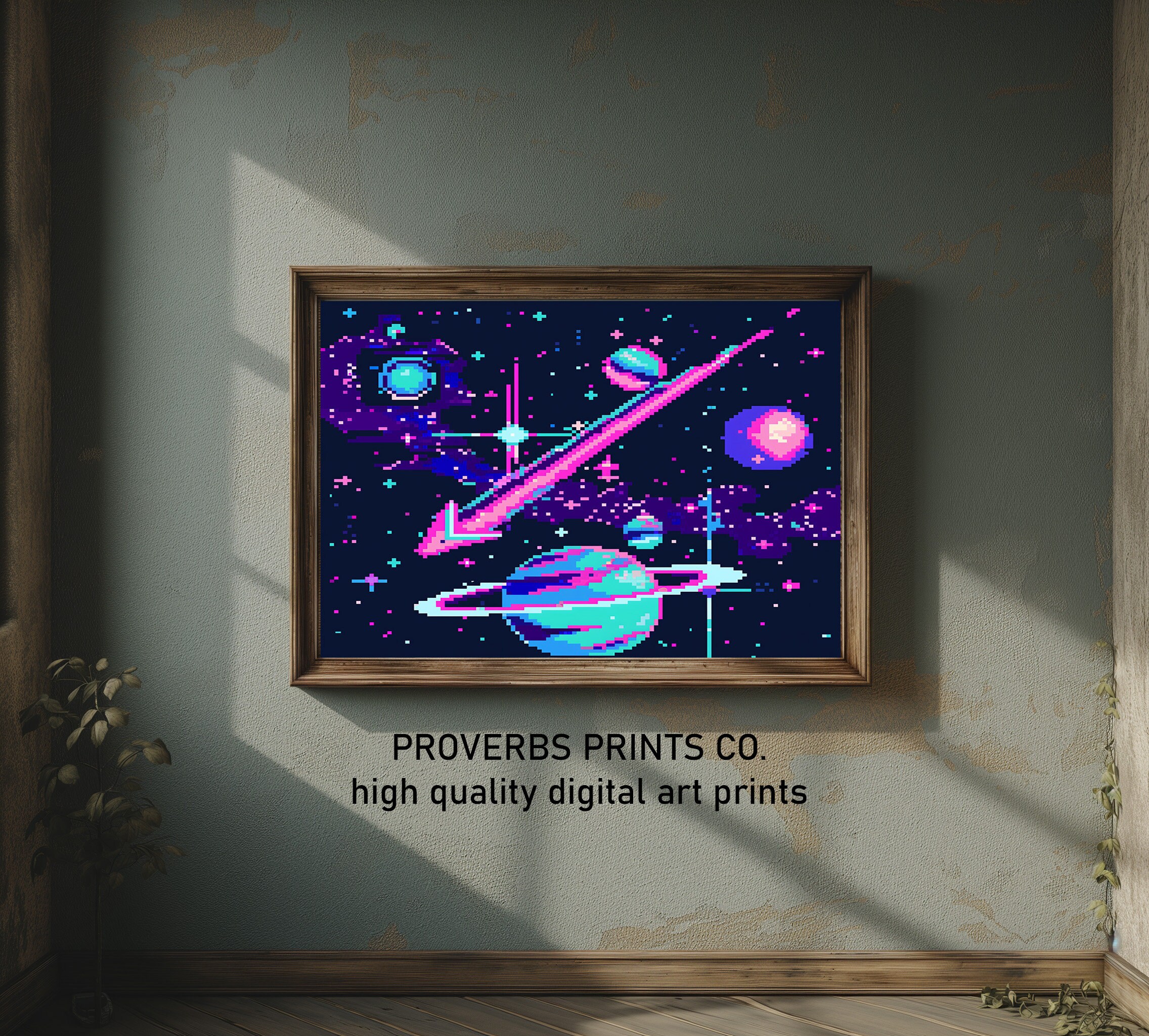 Retro Space Art, Pixel Art Space Scene Illustration With Neon Planets ...