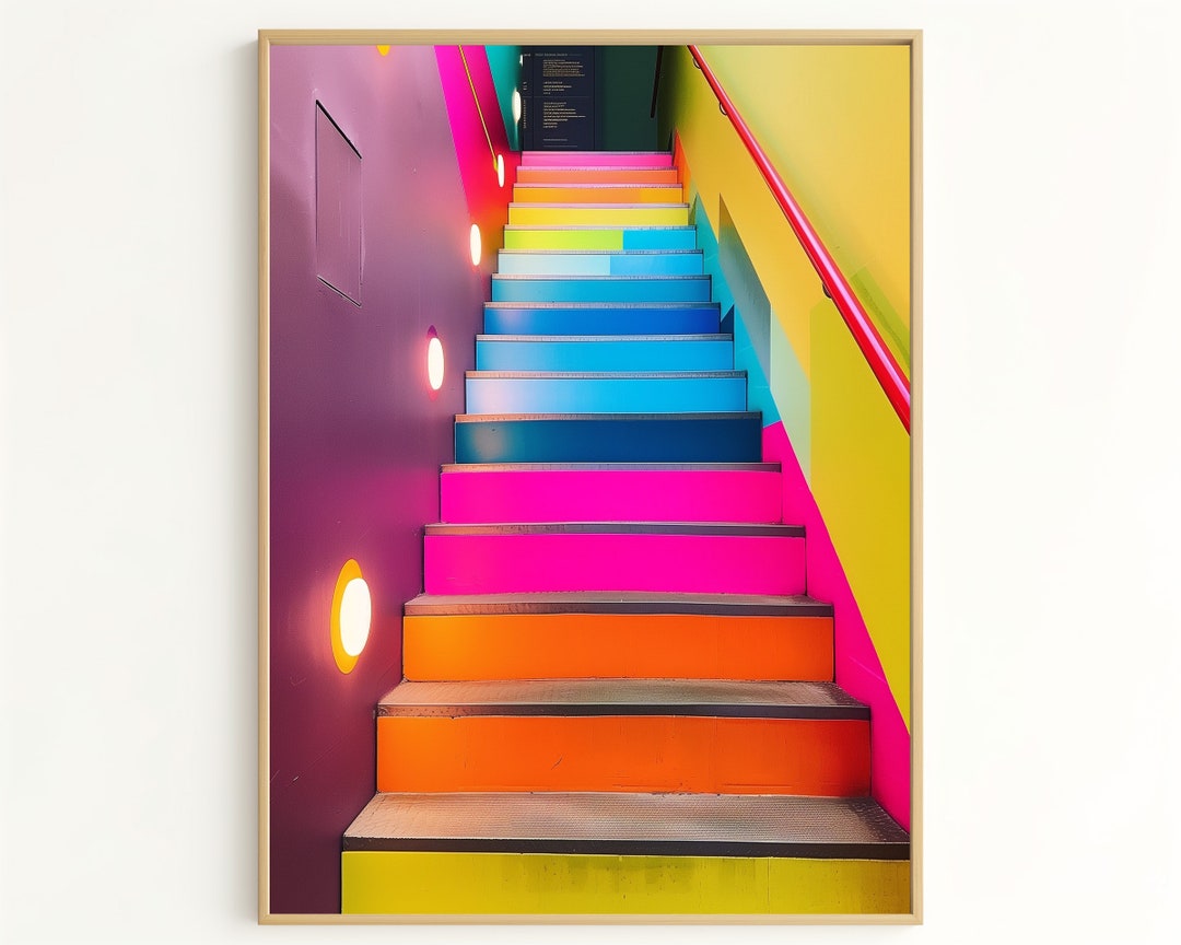 Spiral Staircase Art Print, Colorful Rainbow Staircase Decor, Vibrant ...
