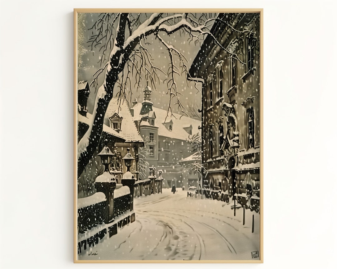 Antique Oil Painting Vintage Snowy Village Street, Classic Winter Scene ...