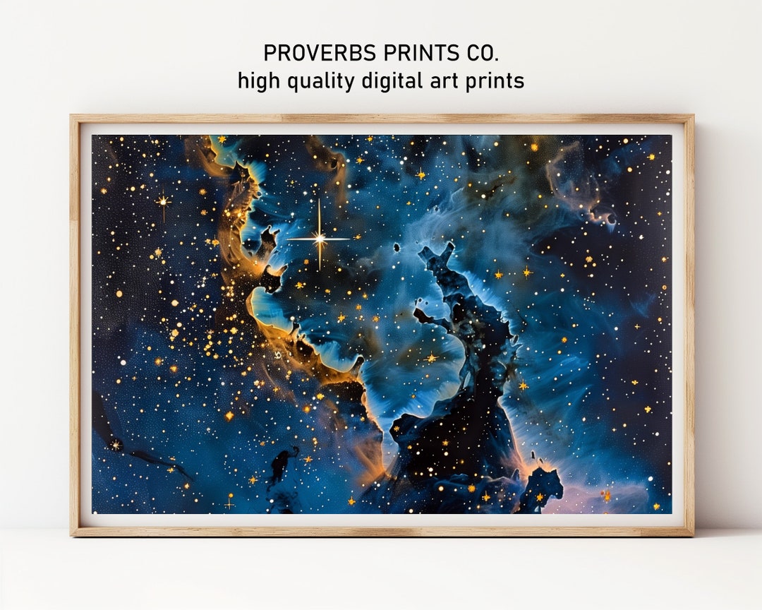 Golden Stars Ethereal Space Photography Print, Blue Nebula Wall Art for ...