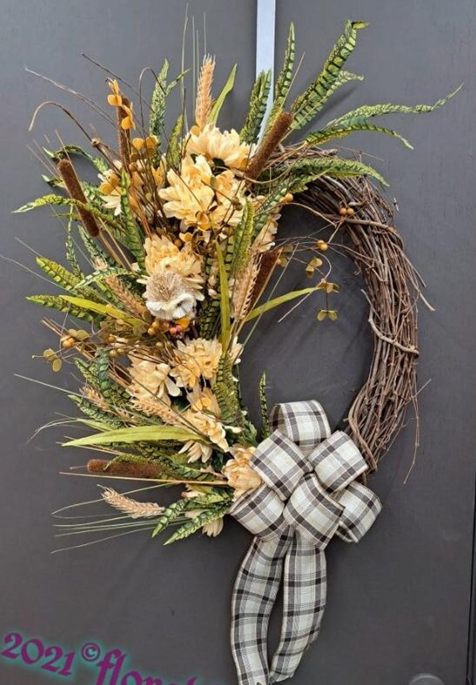 Oval Fall Wreath, Door Wreath, Wall Wreath, Cat Tail Wreath, Plaid ...