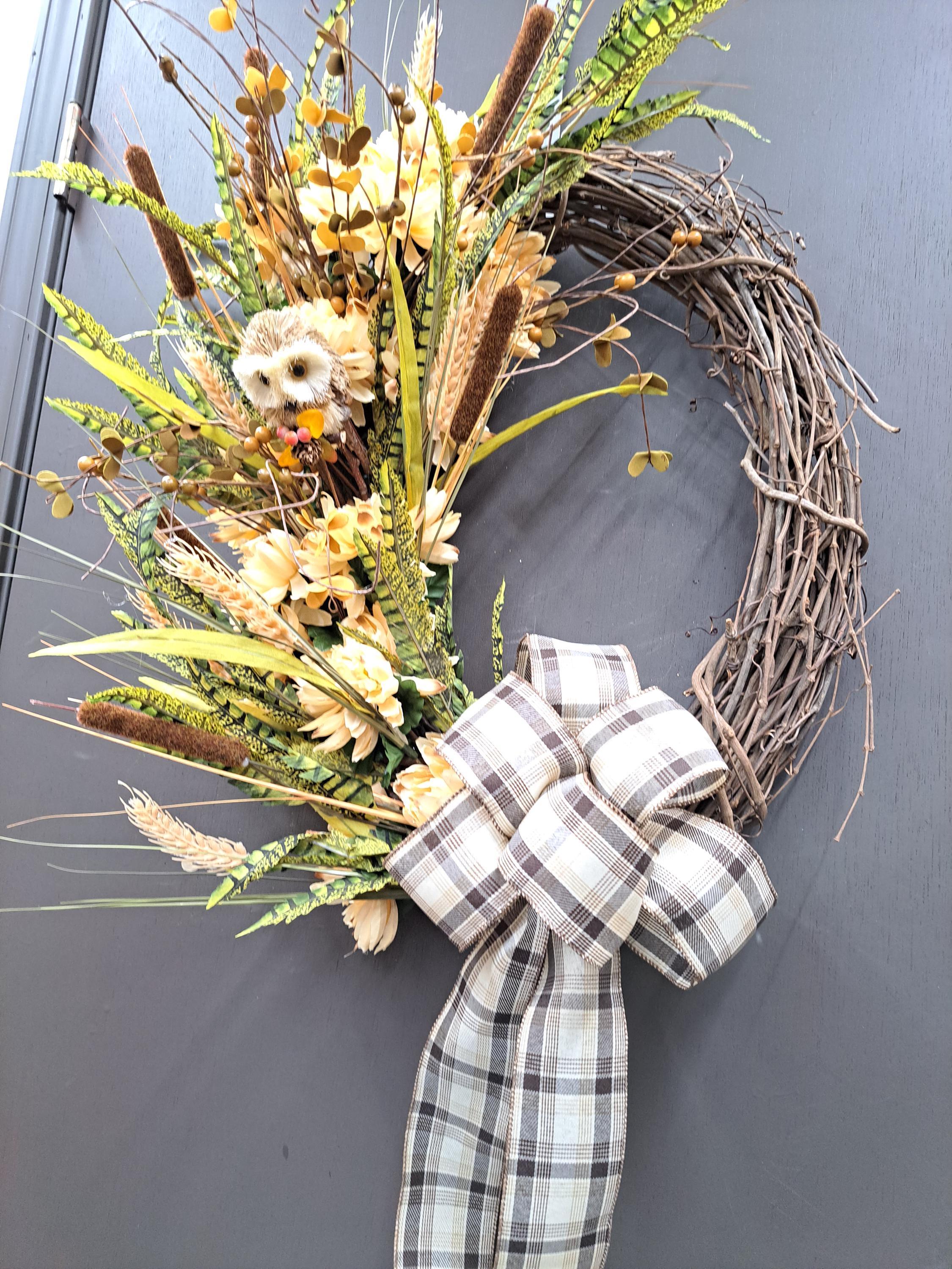 Oval Fall Wreath, Door Wreath, Wall Wreath, Cat Tail Wreath, Plaid ...