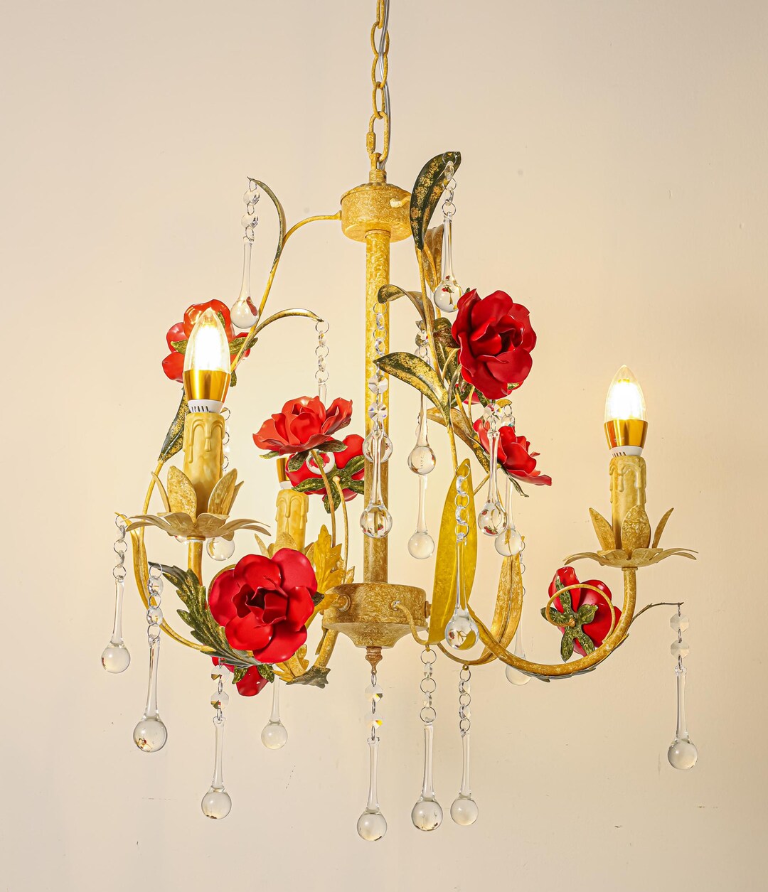 Rustic Farmhouse Rose Floral Chandelier Pendant Light With Crystal ...