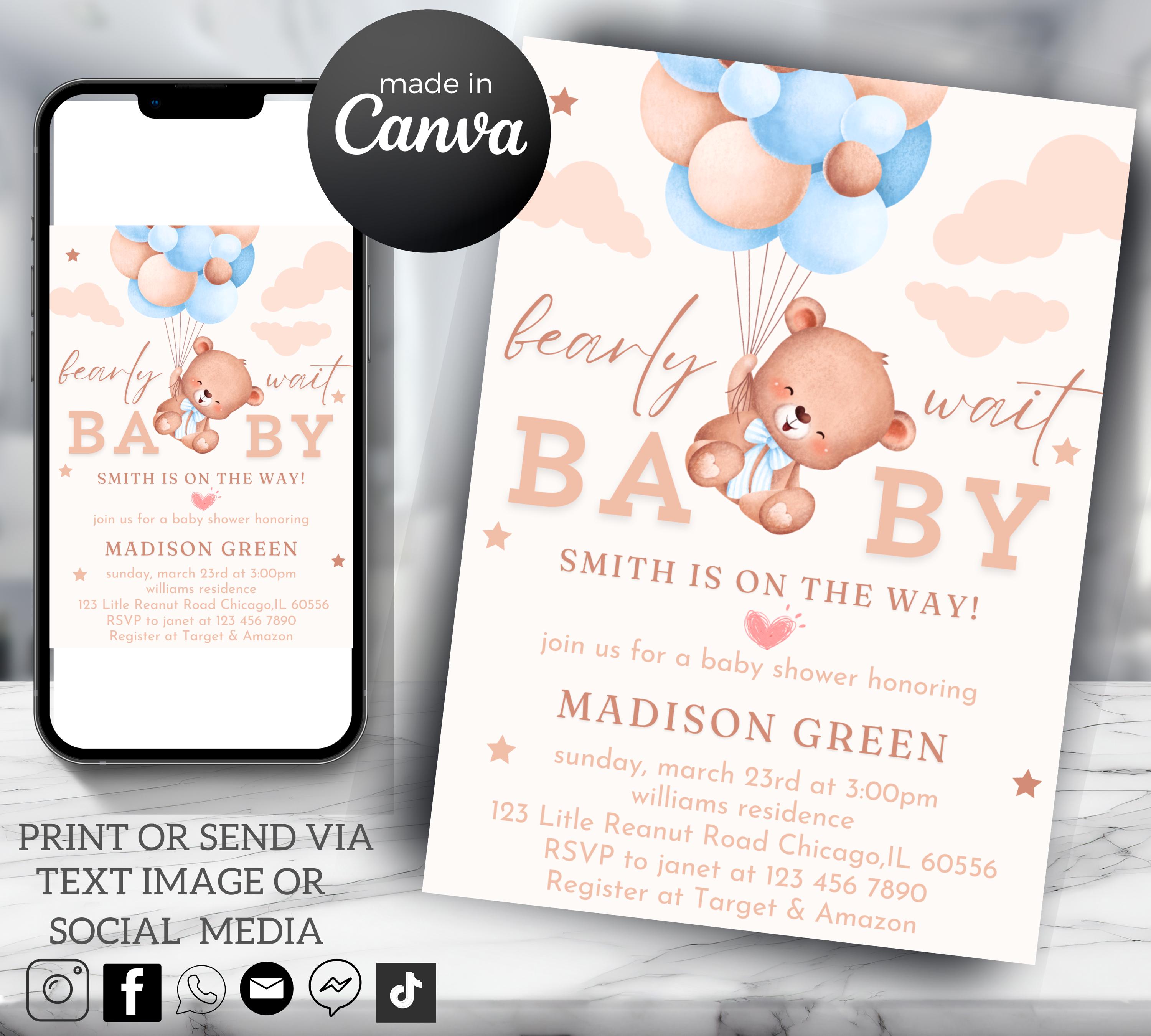Sweet Bear Theme Baby Shower Invitation Whimsical Bear Baby Shower ...