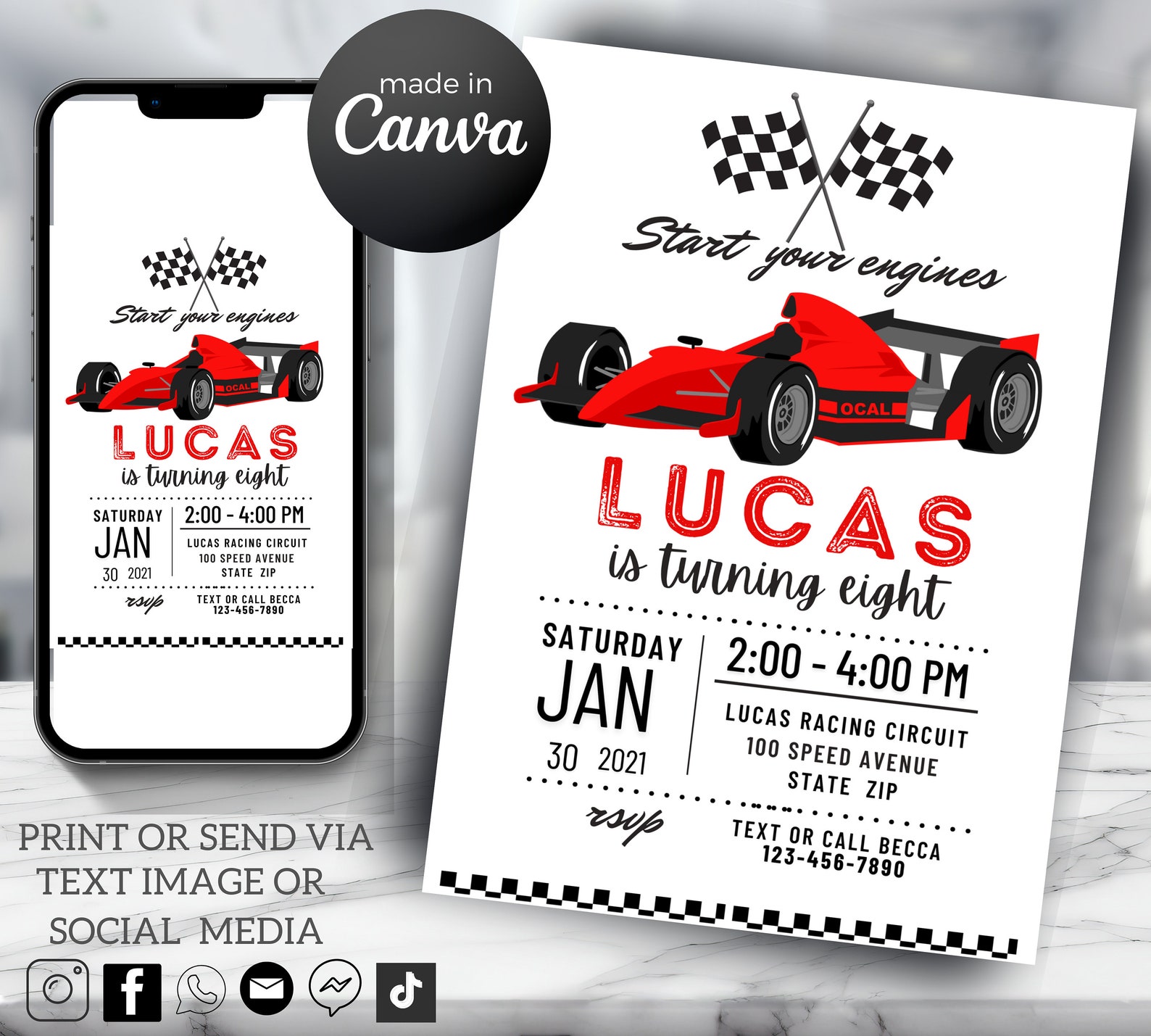 Speedy Celebration Red Race Car Birthday Invitation Vibrant Race Car ...