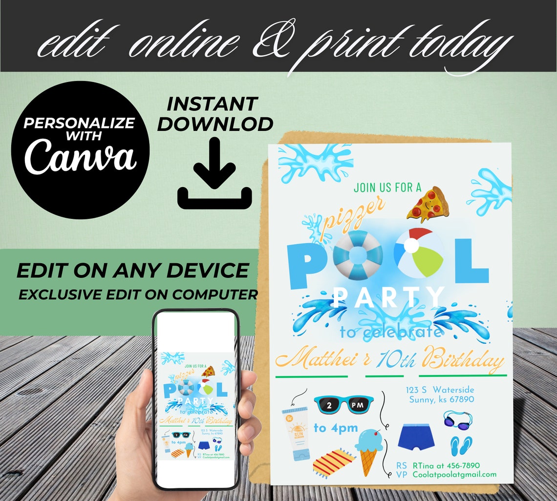 Slice & Splash Pizza Pool Party Invite Pool Party Pies Vibrant Pizza ...