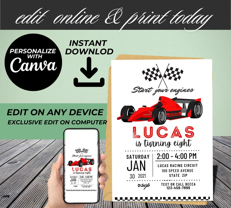 Speedy Celebration Red Race Car Birthday Invitation Vibrant Race Car ...