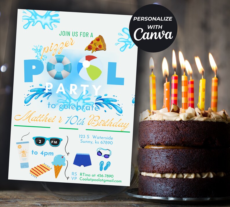 Pizza Pool Party Invitation, Summer Fun, Whimsical Customizable Pool ...
