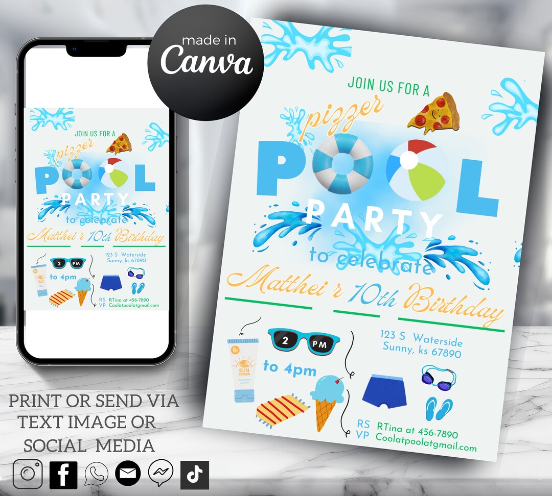 Pizza Pool Party Invitation, Summer Fun, Whimsical Customizable Pool ...