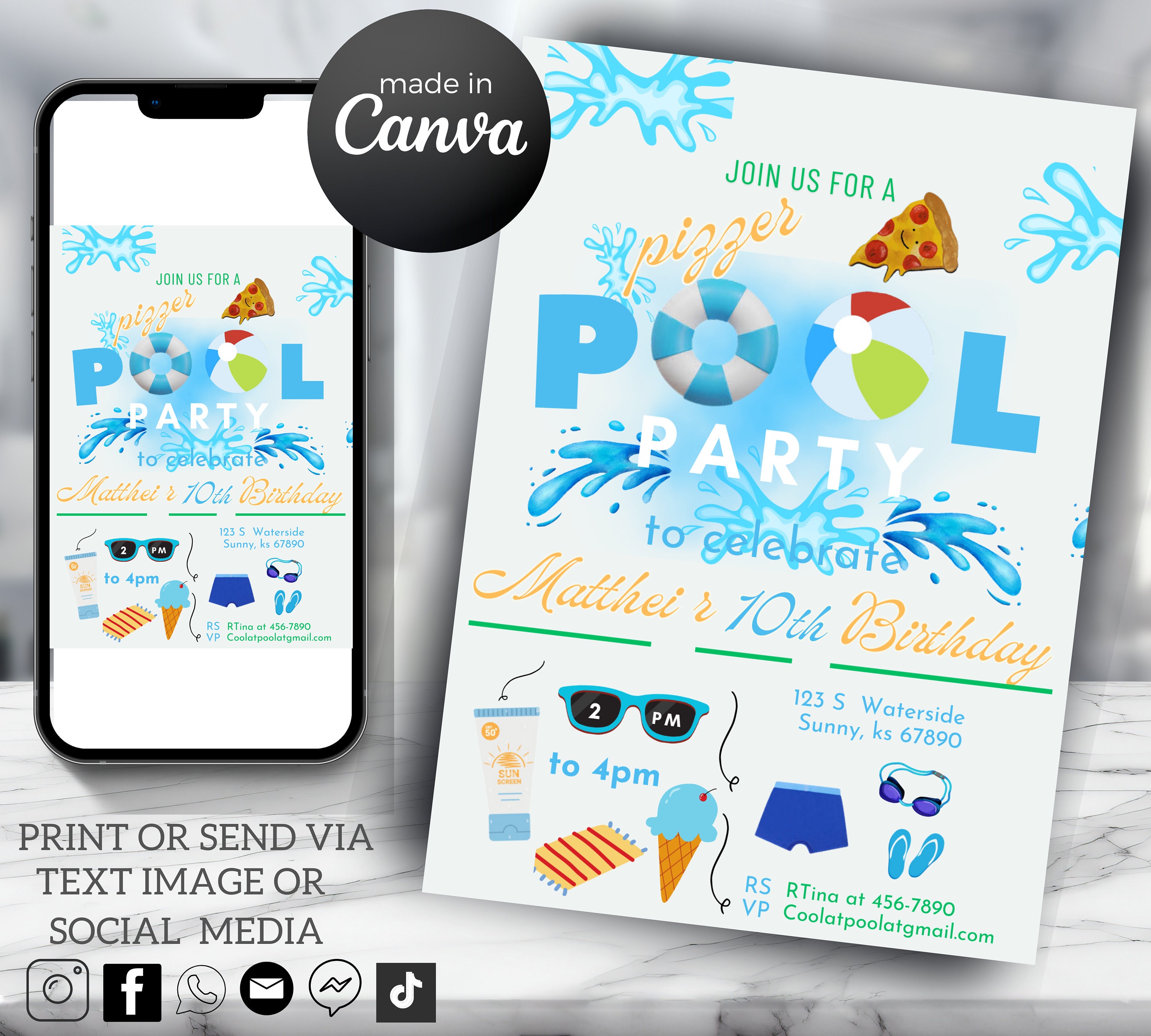 Slice & Splash Pizza Pool Party Invite Pool Party Pies Vibrant Pizza ...