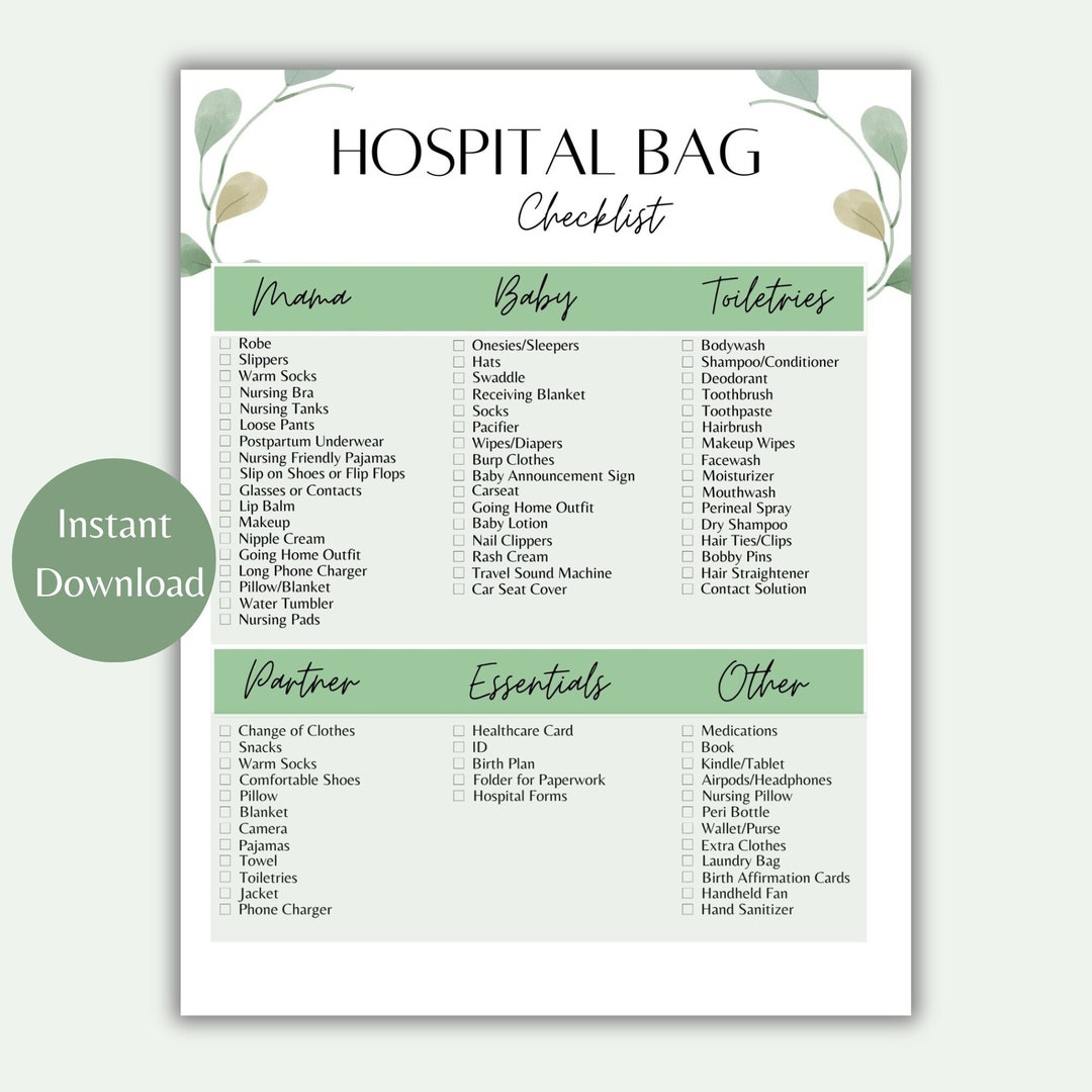 Hospital Bag Checklist | Hospital Bag Checklist Printable | Hospital ...