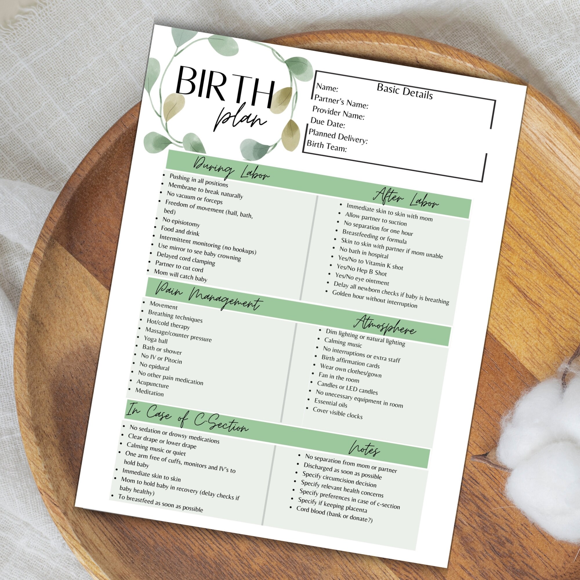 Editable Birth Plan Template | Birth Preferences | Printable Birth Plan ...