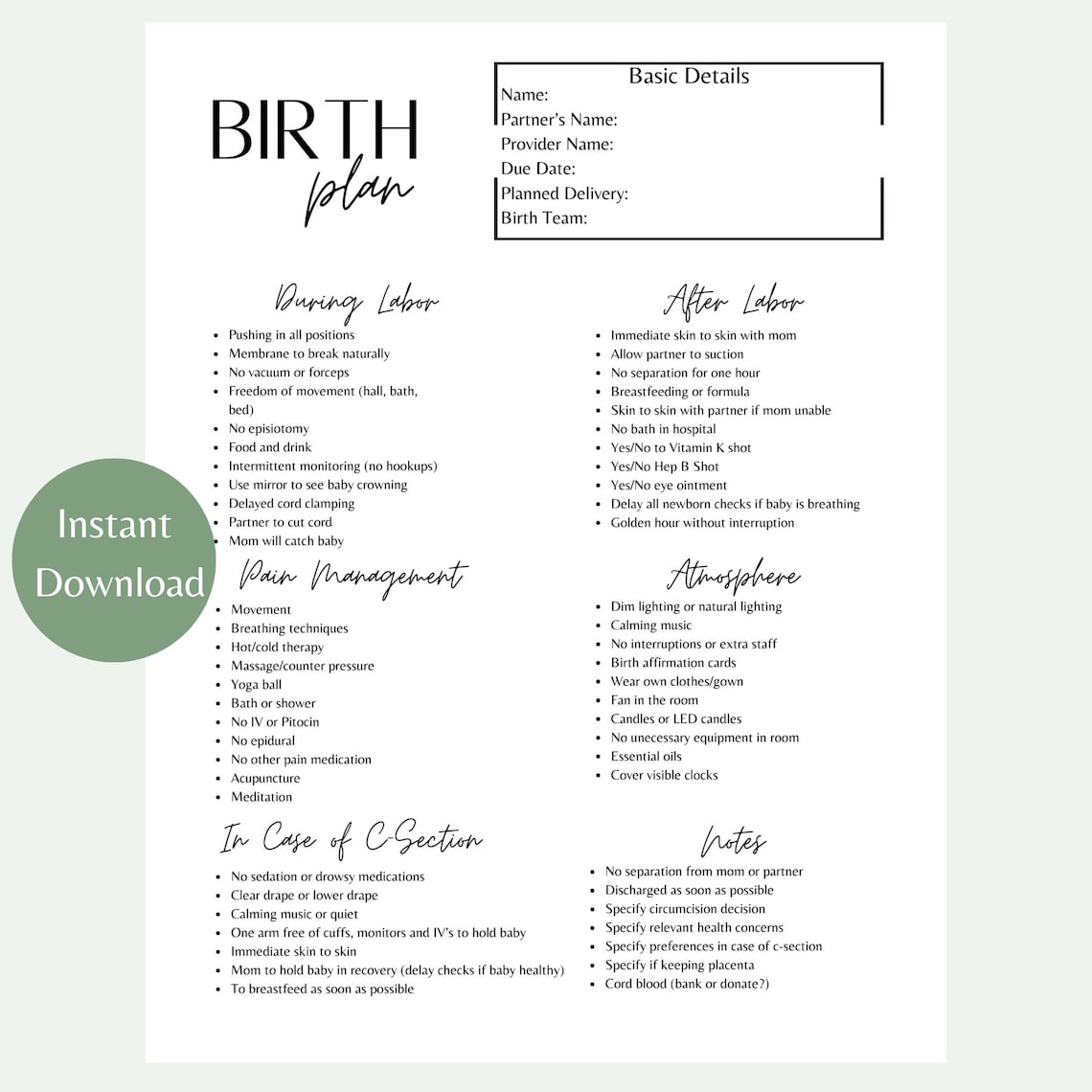 Editable Birth Plan Template | Birth Preferences | Printable Birth Plan ...