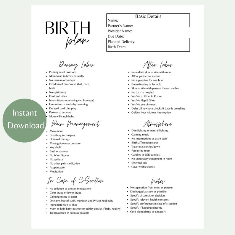 Editable Birth Plan Template | Birth Preferences | Printable Birth Plan ...