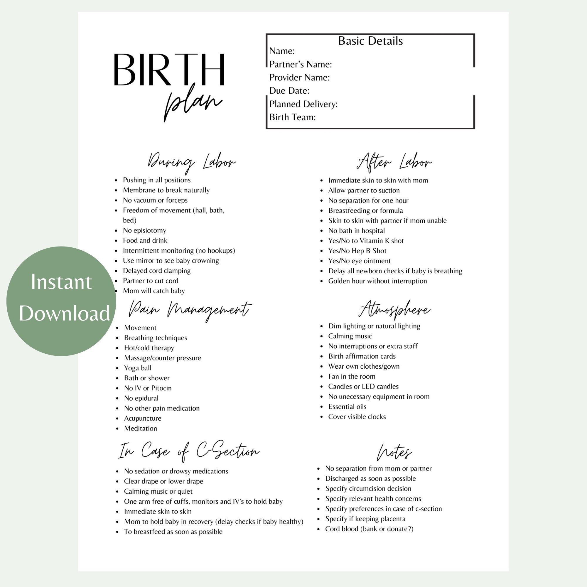 Editable Birth Plan Template | Birth Preferences | Printable Birth Plan ...