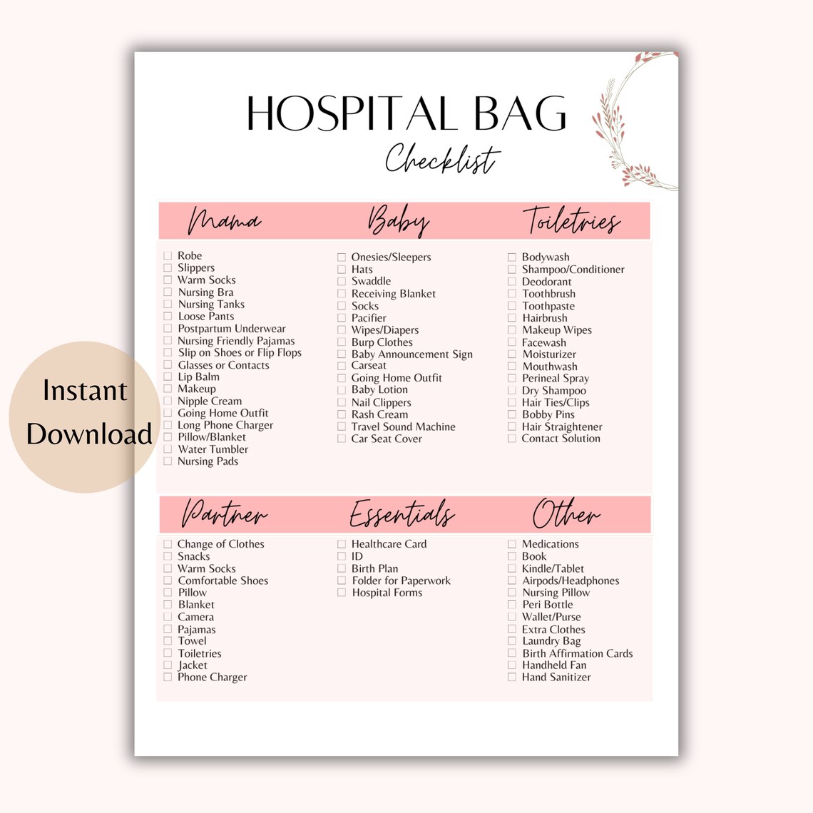 Hospital Bag Checklist Hospital Bag Checklist Printable Hospital Bag ...