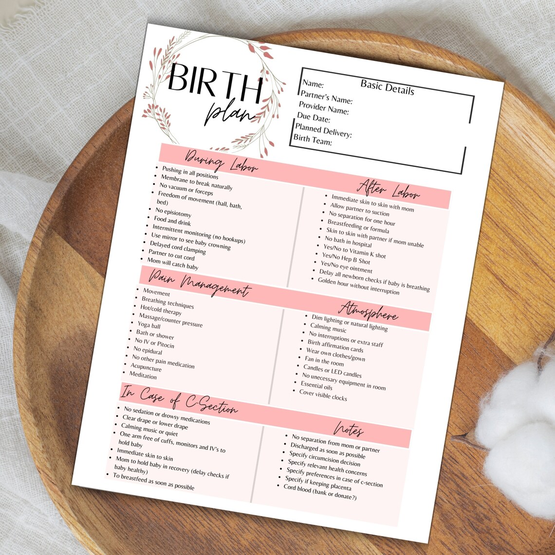 Editable Birth Plan Template | Birth Preferences | Printable Birth Plan ...