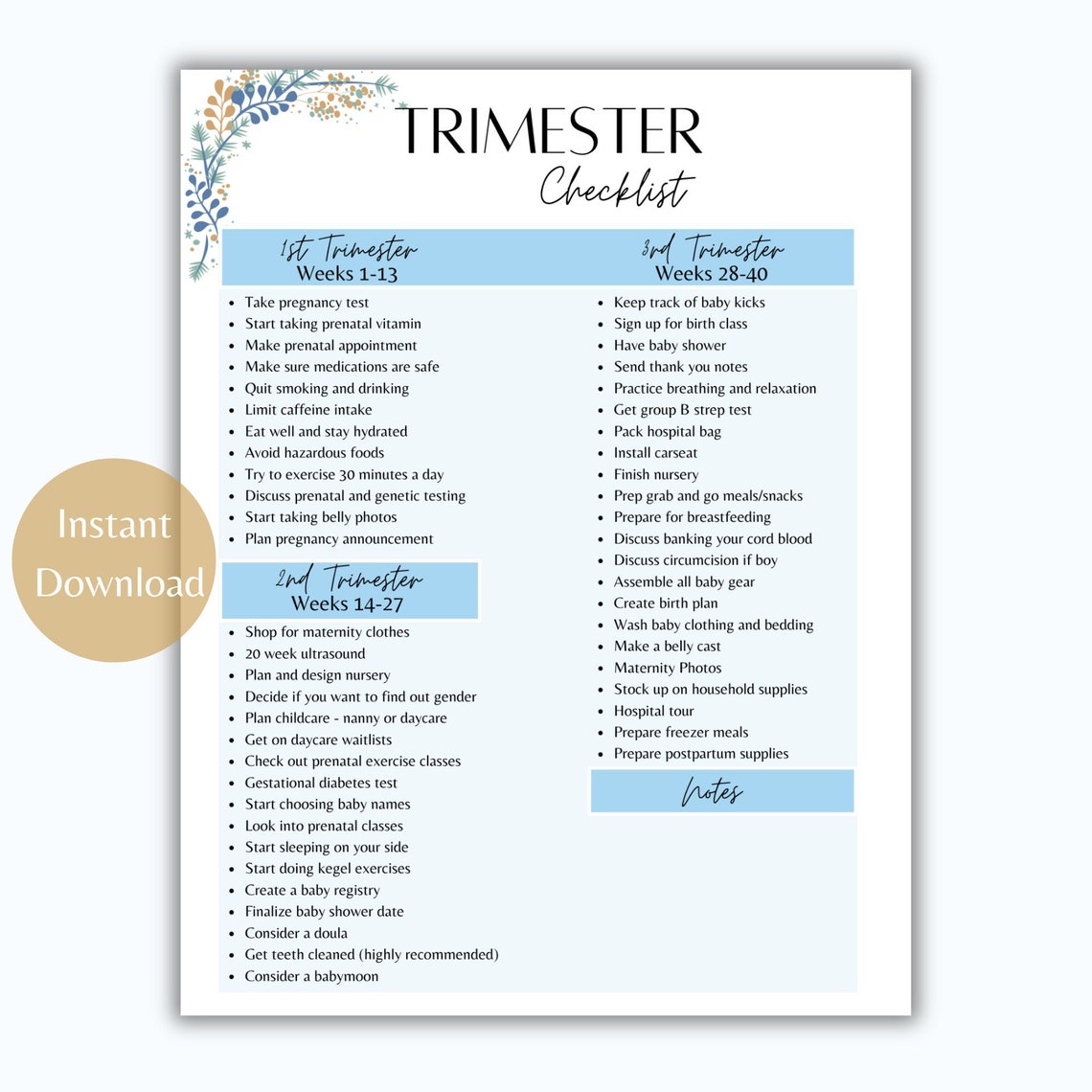 Pregnancy Trimester Checklist Pregnancy Trimester Printable Pregnancy ...