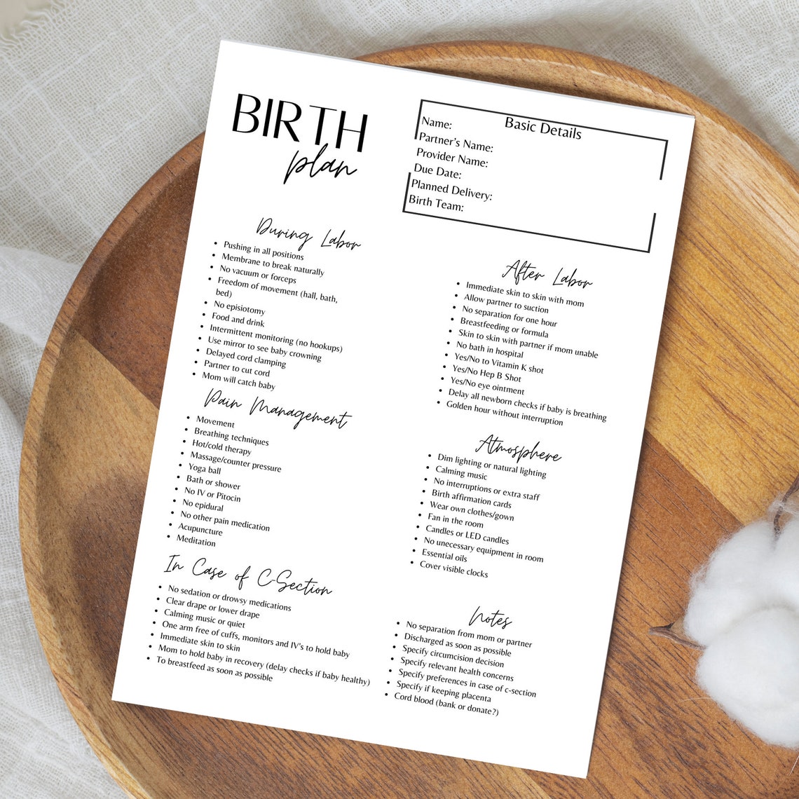 Editable Birth Plan Template | Birth Preferences | Printable Birth Plan ...