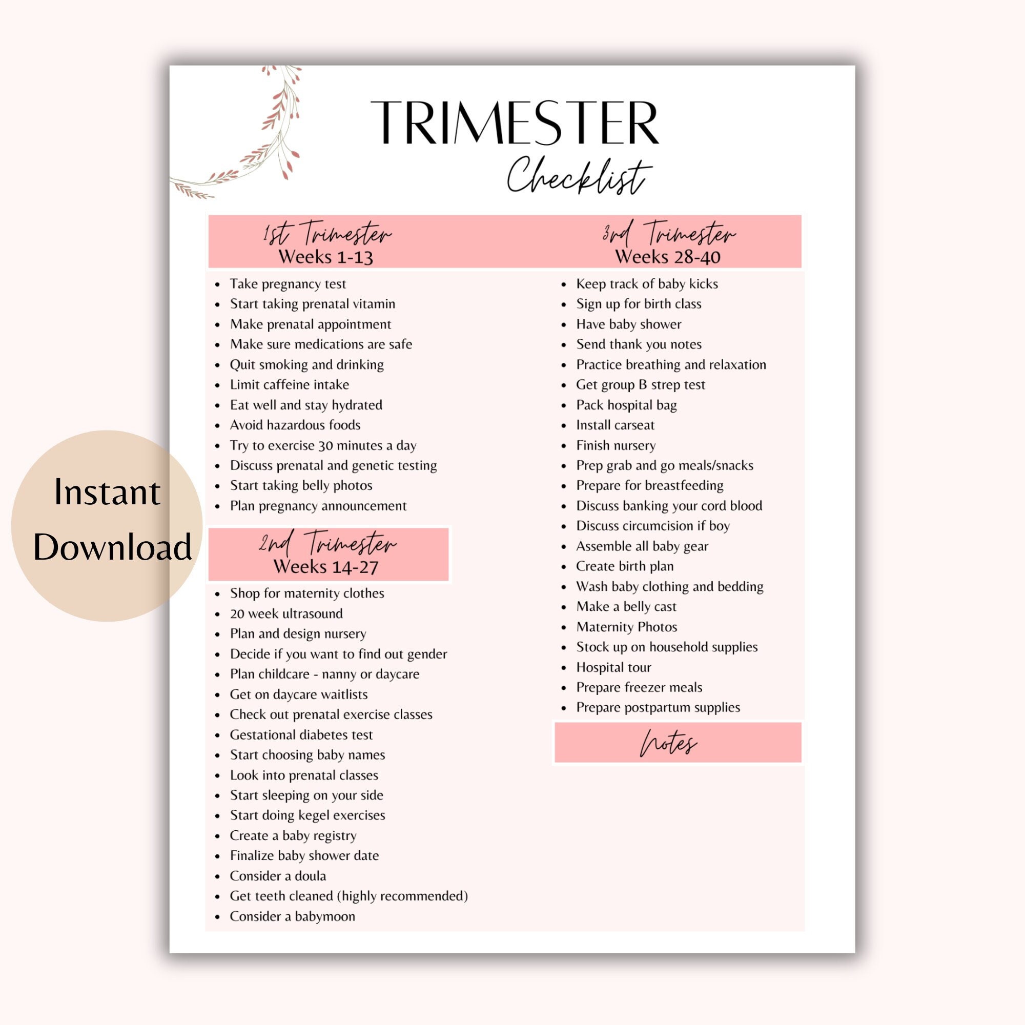Pregnancy Trimester Checklist | Pregnancy Trimester Printable ...