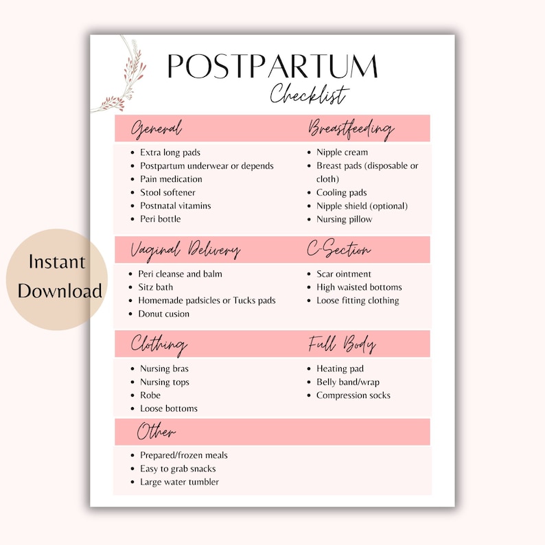 Postpartum Checklist | Postpartum Recovery Checklist | Postpartum Checklist Printable ...