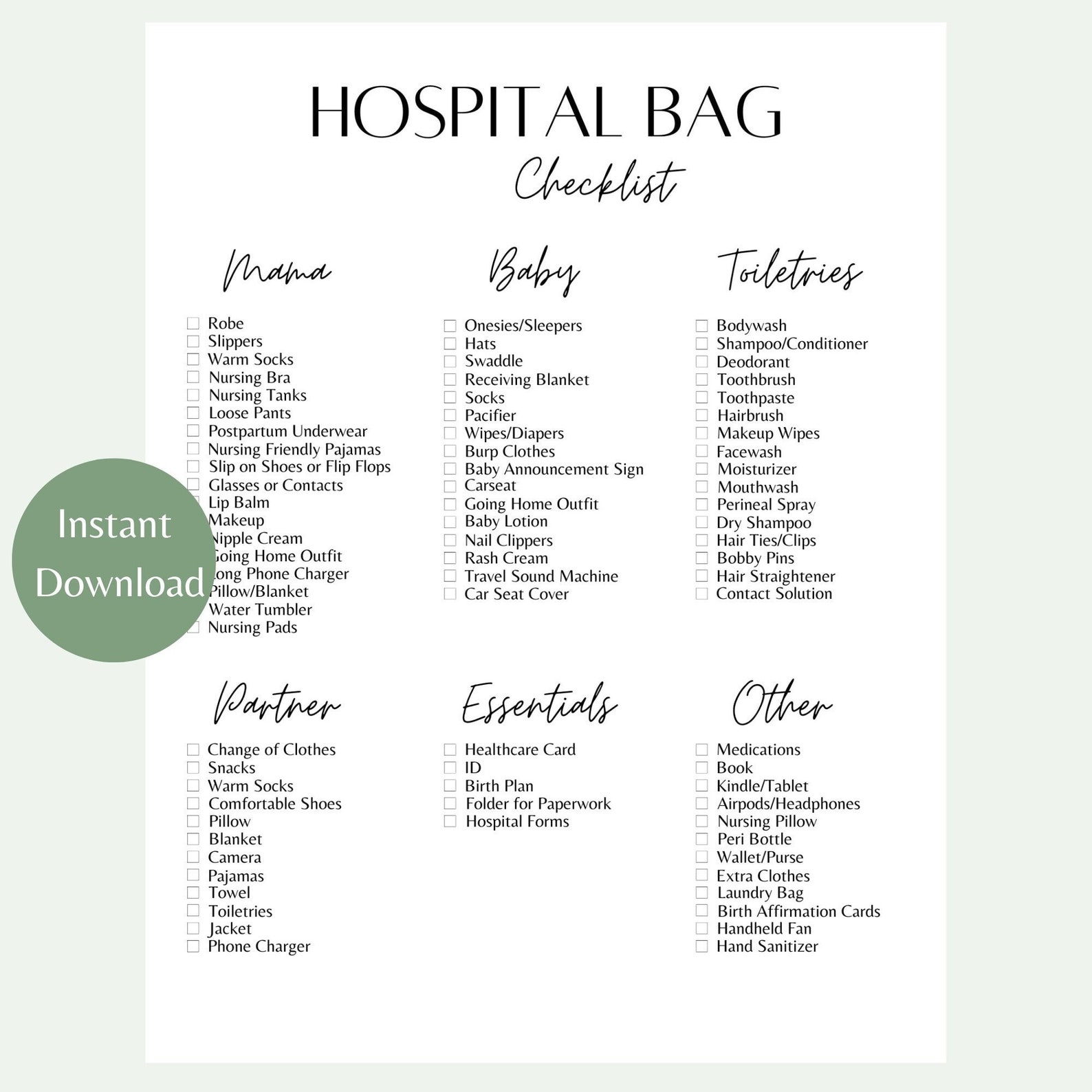 Hospital Bag Checklist | Hospital Bag Checklist Printable | Hospital ...